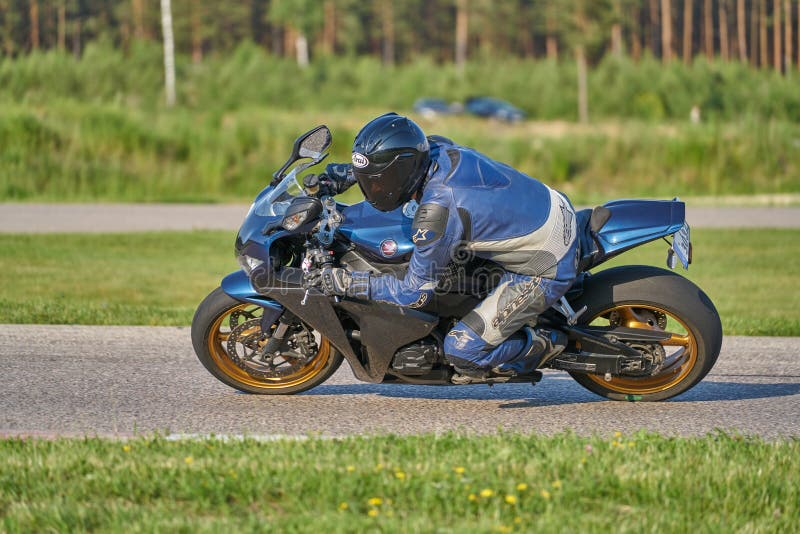 12-06-2020 Riga, Latvia. Motorcycle Practice Leaning into a Fast Corner ...