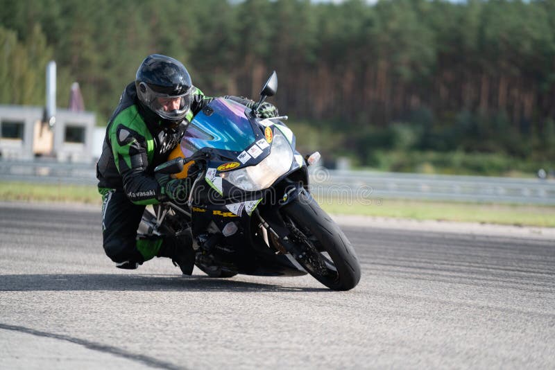 10-06-2020 Riga Latvia Motorcycle Practice Leaning into a Fast Corner ...