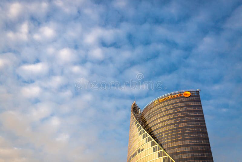 RIGA, LATVIA - 20 October 2018: Swedbank Skyscraper Isolated on Blue ...