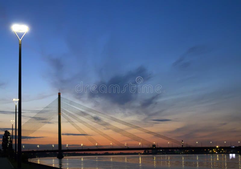 Riga, Latvia. Vansu Suspension Bridge Over the Daugava River in the ...