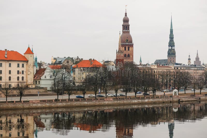Riga Old Town Panorama at Dusk Over Daugava River Stock Image - Image ...