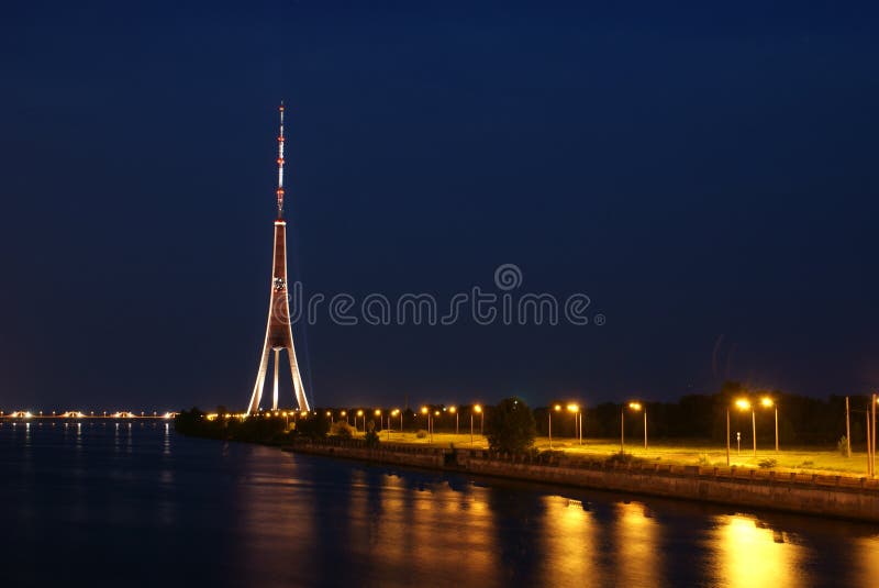 Riga TV tower. stock photo. Image of night, river, tower - 33052222