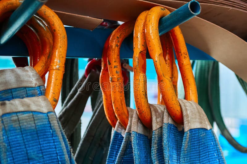 Rigging Equipment with Textile Strops Hangs on Rack Hooks Stock Image ...