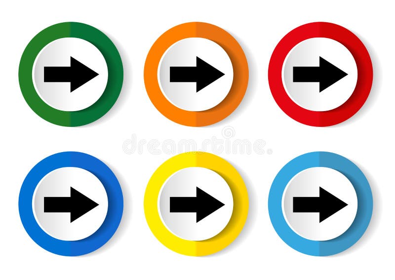Right Arrow Icon Set, Next Flat Design Vector Illustration in 6 Colors ...