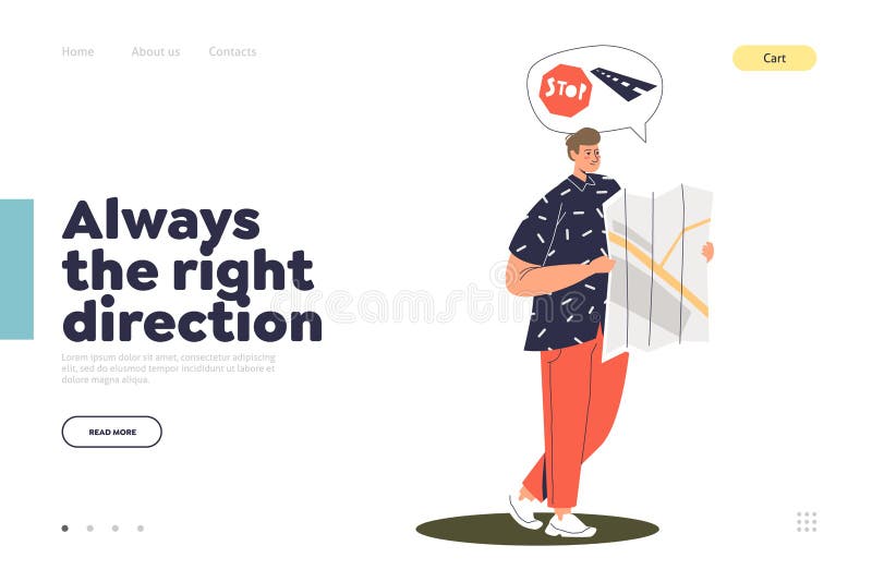 Always Right Direction Concept of Landing Page with Man Holding Map and ...