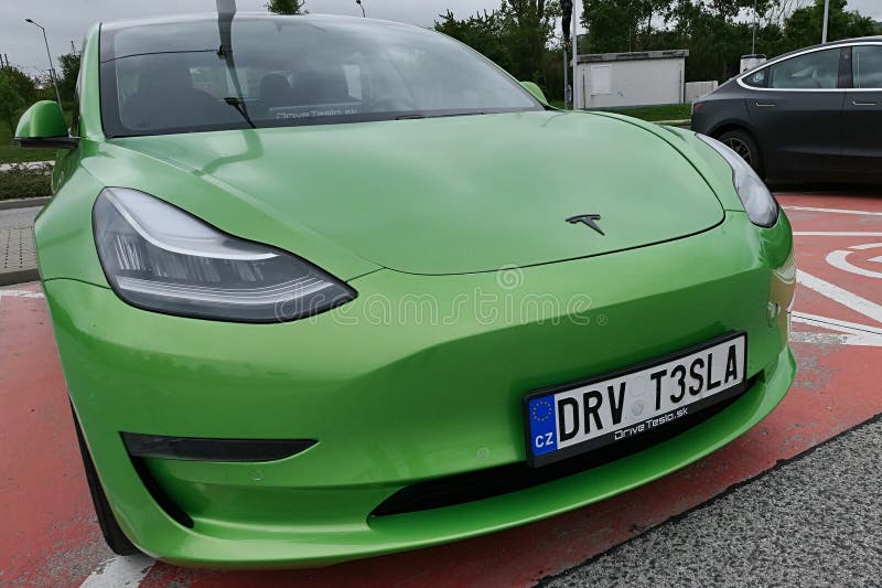 Right Front View of Front Mask of Modern Compact Electric Sedan Tesla 3 ...