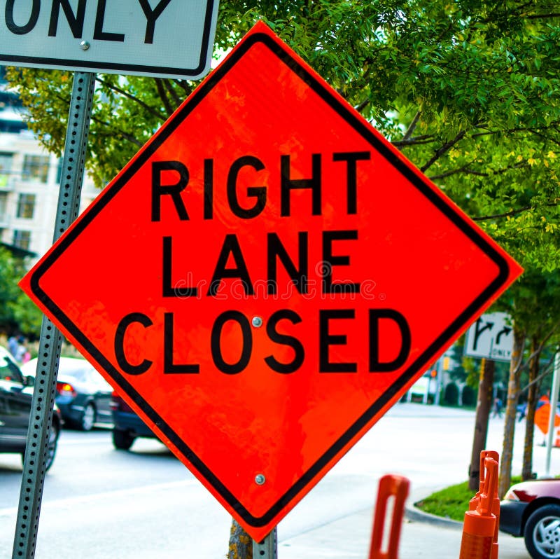 Right Lane Closed Sign stock image. Image of sign, traffic - 100034139