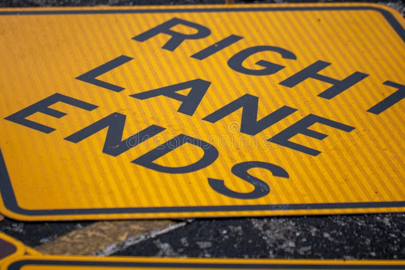 RIght Lane Ends stock image. Image of label, road, shiny - 317969549