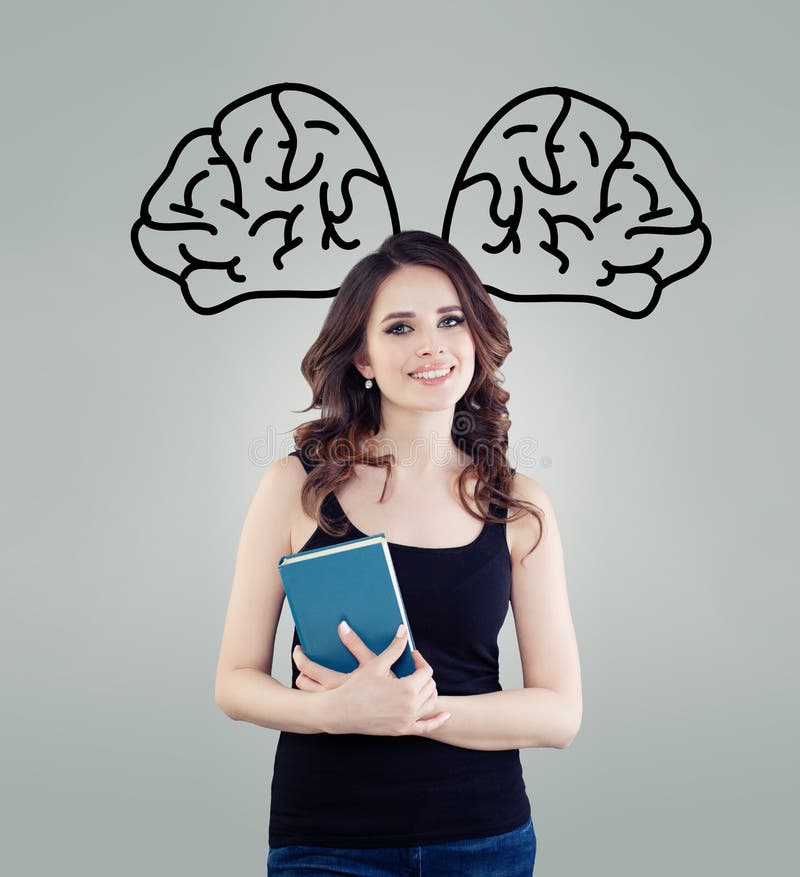 Right and Left Hemispheres of the Brain. Happy Woman Student with Book ...