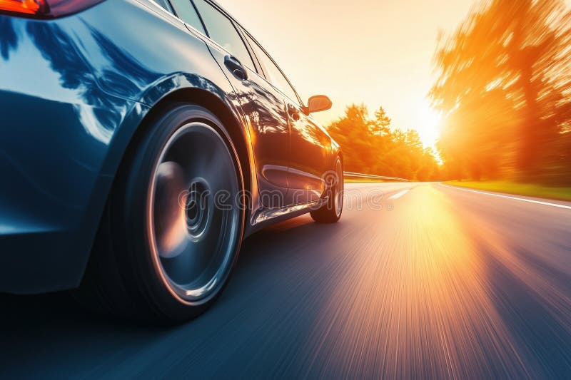 Right Side of a Grey Modern Car Driving on the Road at High Speed, with ...