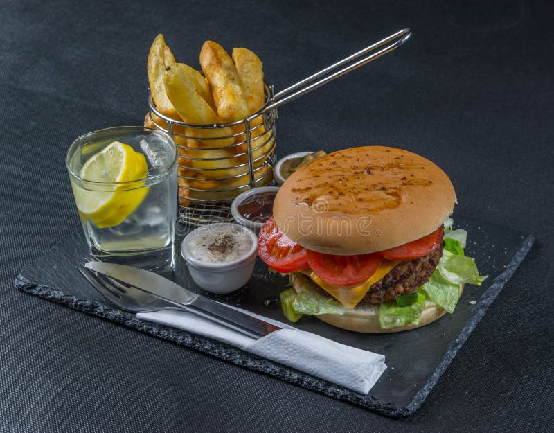 Right Side View on a Flame Grilled Double Stack Cheeseburger, Le Stock ...