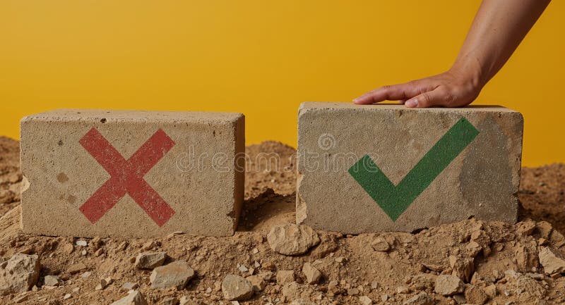 Right and Wrong Choice. Hand Touching the Approved Concrete Block with ...