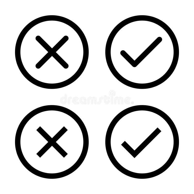 Right and Wrong Vector Icon Set Black Color Outline, Flat Rounded Check ...