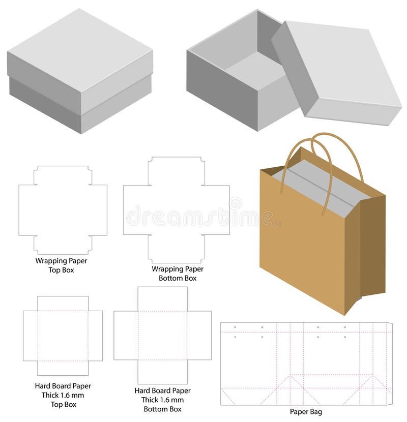 Rigid Box and Paper Bag Set Mockup with Dieline Stock Vector ...