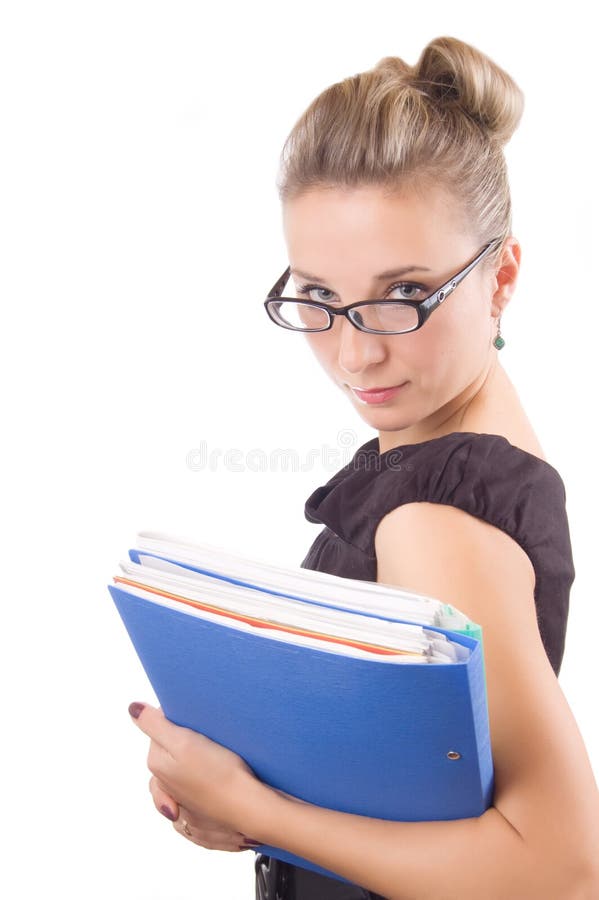 Rigorous Woman in Glasses with Papers Stock Photo - Image of folder ...