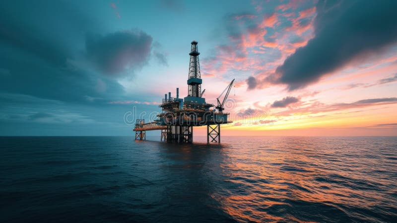 Rigs Offshore Oil Refinery at Sunset Stock Image - Image of drilling ...
