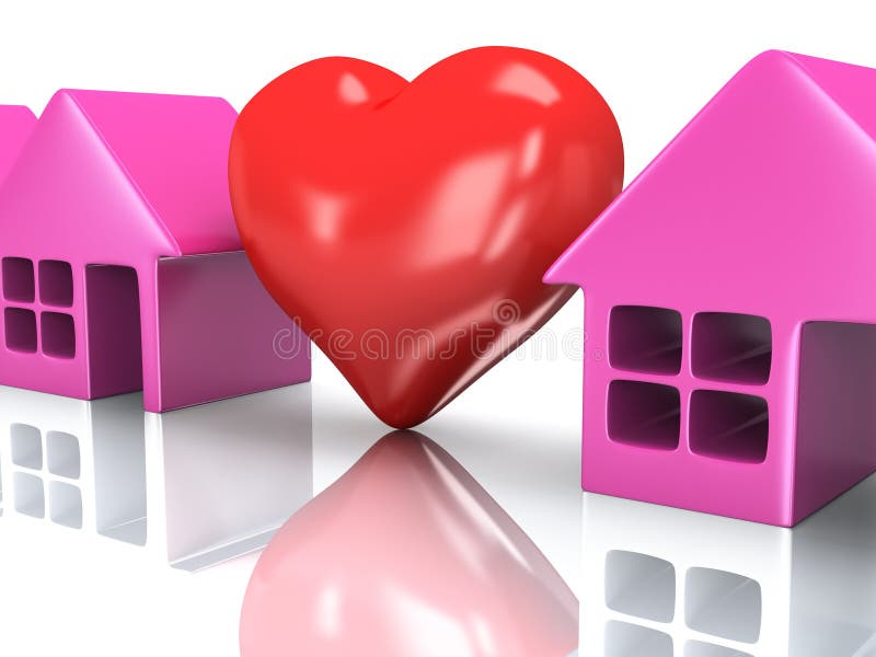 Rij Van Huizen En Hart Met Bezinning 3d Geef Terug Stock Illustratie ...