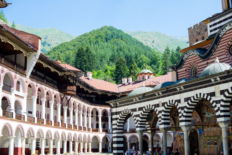 Rila Monastery Courtyard with Mountain Backdrop. Editorial Photography ...