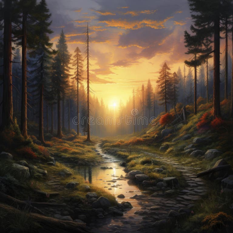 Rill and Forest in Spring, Generative AI Stock Illustration ...