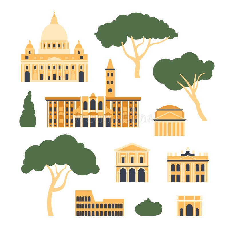 Italy, Rome. Architectural Collection of Buildings and Trees Stock ...