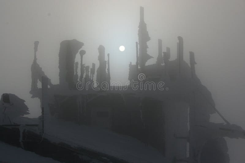 Rime Ice Covered Building In Fog Picture. Image: 8979873