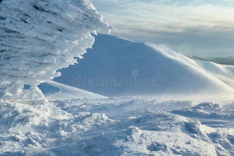 Rime Ice on the Summit in Front of Winter Snowy Mountains. Stock Photo ...