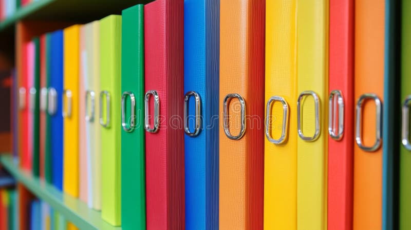 Ring Binders of Various Colors are Arranged in a Row on a Wooden ...