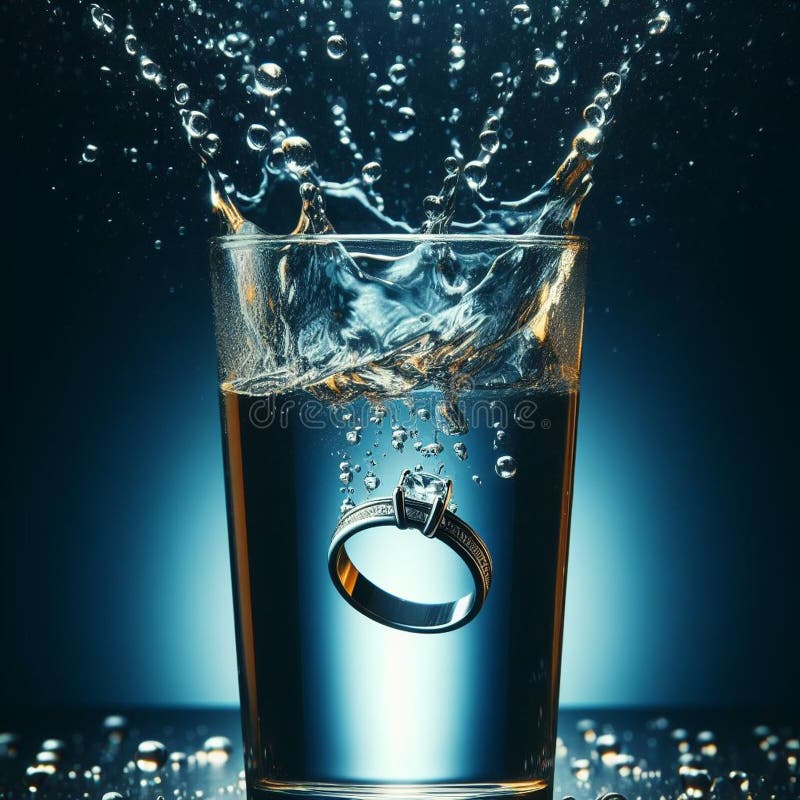 A Ring Falling into the Glass of Water Creating a Water Splash Stock ...