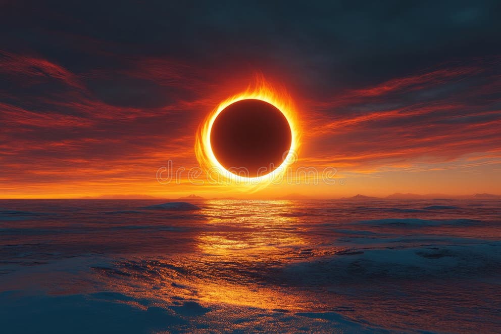 Ring of Fire Effect during a Total Solar Eclipse Setting Over a Tranquil, Icy Ocean at Sunset ...