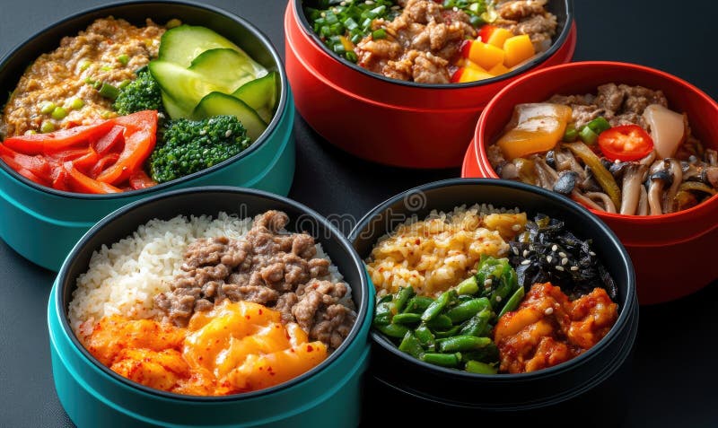A Ring of Five Lunch Boxes, Each Filled with Colorful Korean Dishes ...