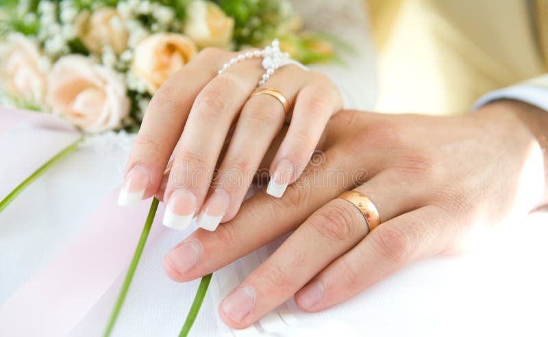 Ring & Hands Over White and Flowers Stock Image - Image of married ...