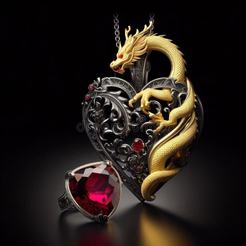Ring and Necklace in the Shape of Dragon with Precious Ivory, Stones ...