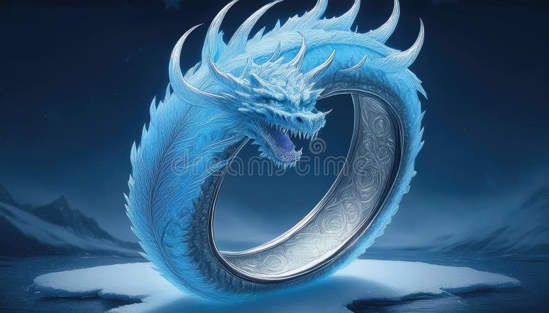 A Ring in the Shape of a Dragon, Crafted from Icy Silver and Blue Tones ...