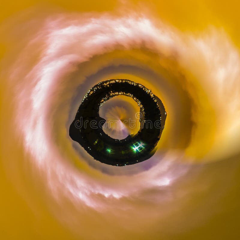 Ring-shaped Miniature Planet of a City at Night and Thunderstorm Clouds ...