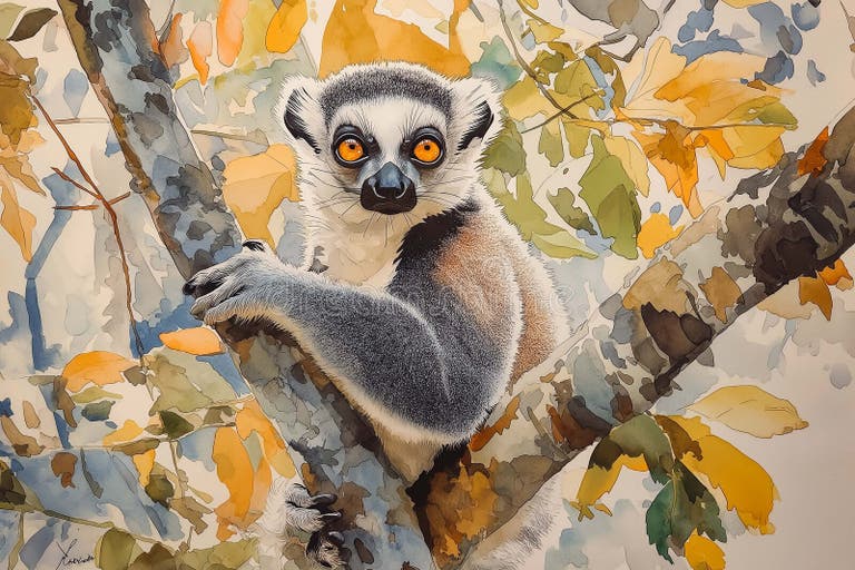 Ring Tailed Lemur on Branch of Tree Digital Illustration Artwork Stock ...