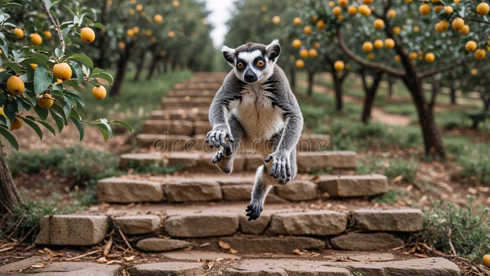 Ring-tailed Lemur Jumping Across Stone Steps in Orchard Stock ...