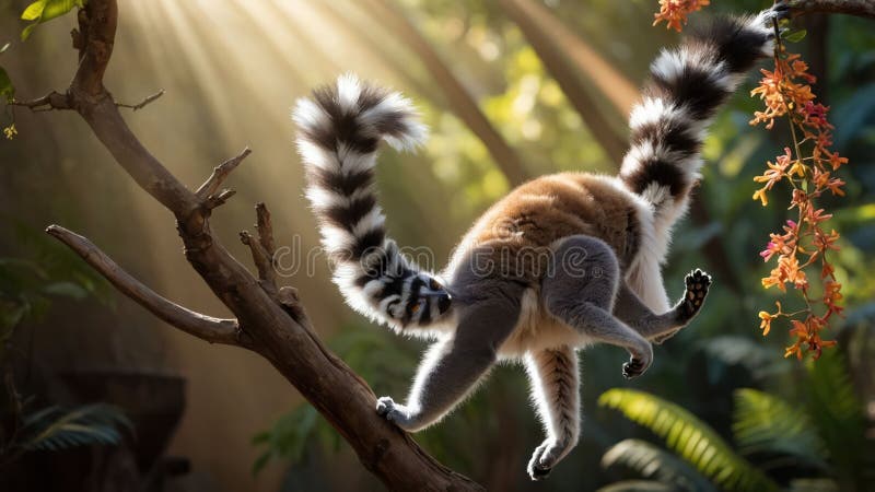 Ring-tailed Lemur Leaping through Sunlight in Lush Tropical Forest ...