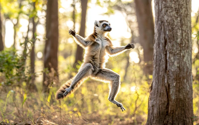 A Ring-tailed Lemur Leaps Gracefully between Trees in a Sun-dappled ...