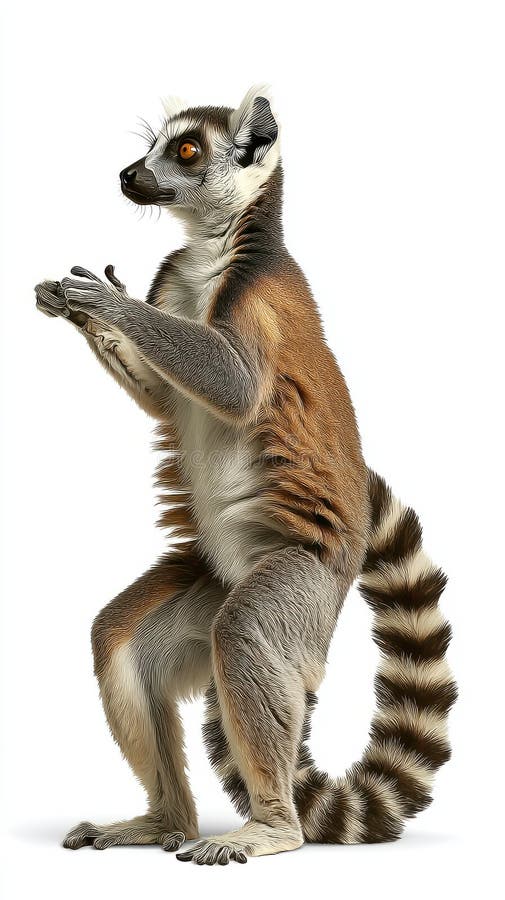 Ring-tailed Lemur Standing Upright on a White Background with Hands in ...