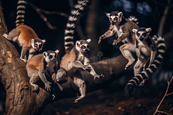 Ring-tailed Lemurs in a Tree at Night Stock Illustration - Illustration ...