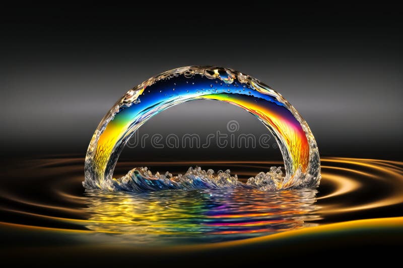 Ring of Water in Rainbow Colors on a Water Surface with Yellow Ripples ...