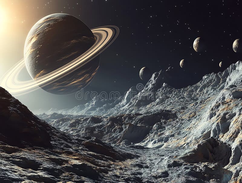 A Ringed Planet with Multiple Moons Orbiting in Perfect Harmony, Seen ...