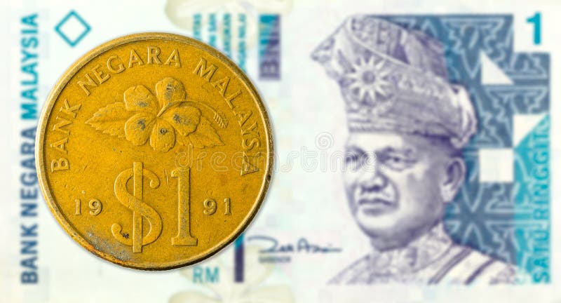 1 Ringgit Coin Against 1 Malaysian Ringgit Bank Note Obverse Stock ...