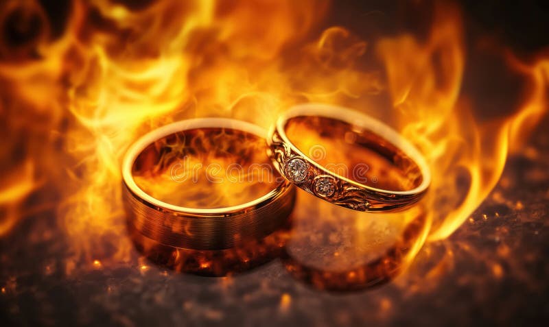 Rings Engulfed in Flames, Symbolizing Passion and Commitment. Two Gold ...
