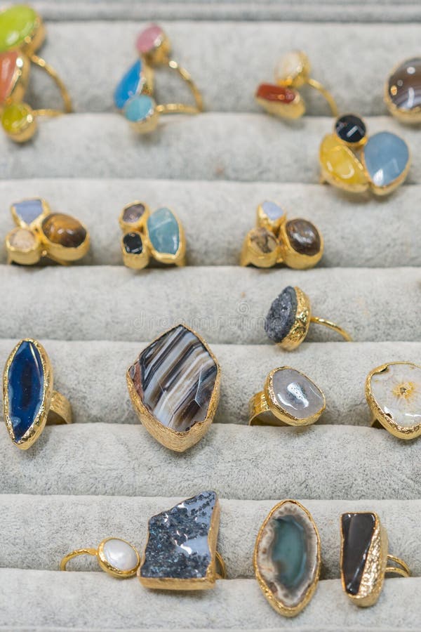 Rings with Large Gems in the Window. Rings with Different Stones Stock ...