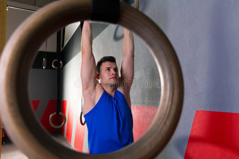 Rings Workout Man at Gym Hanging Stock Image - Image of athlete, body ...