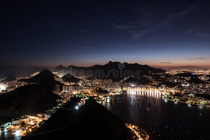 Rio De Janeiro at Night View from Sugarloaf Hill Stock Image - Image of ...