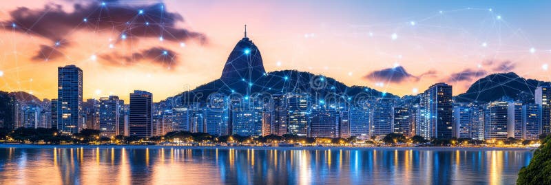 Rio De Janeiro Skyline with Digital Network Around ,Sunset with Vibrant ...