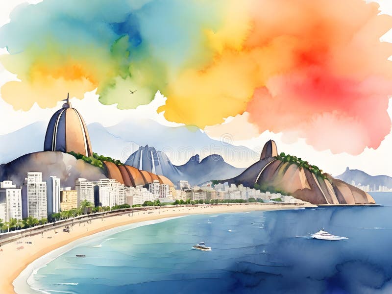Rio De Janeiro Watercolor Art Stock Illustration - Illustration of ...