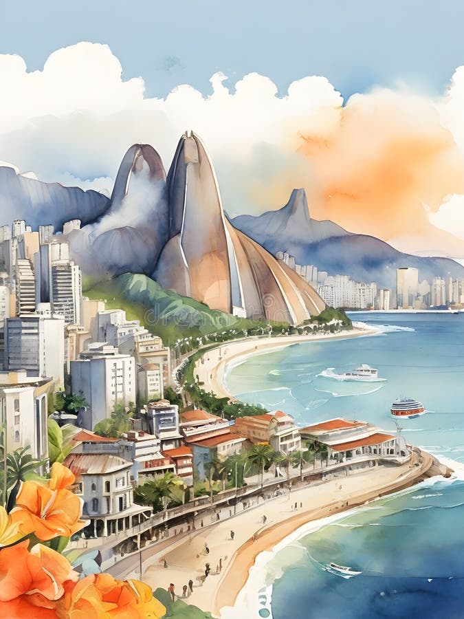 Rio De Janeiro Watercolor Art Stock Illustration - Illustration of ...